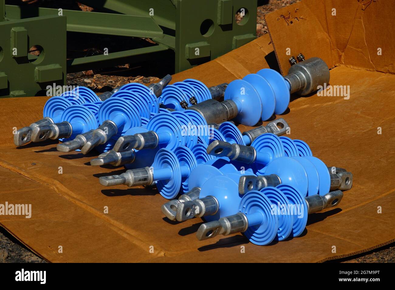 FRANKFURT, GERMANY - Jun 02, 2021: Insulators of an overhead line are ...