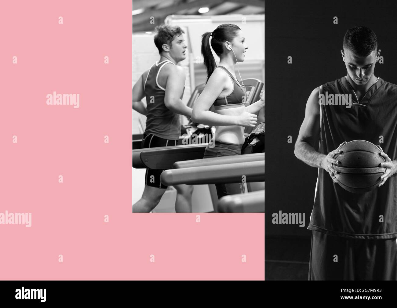 Collage of male basketball player over man and woman running on ...
