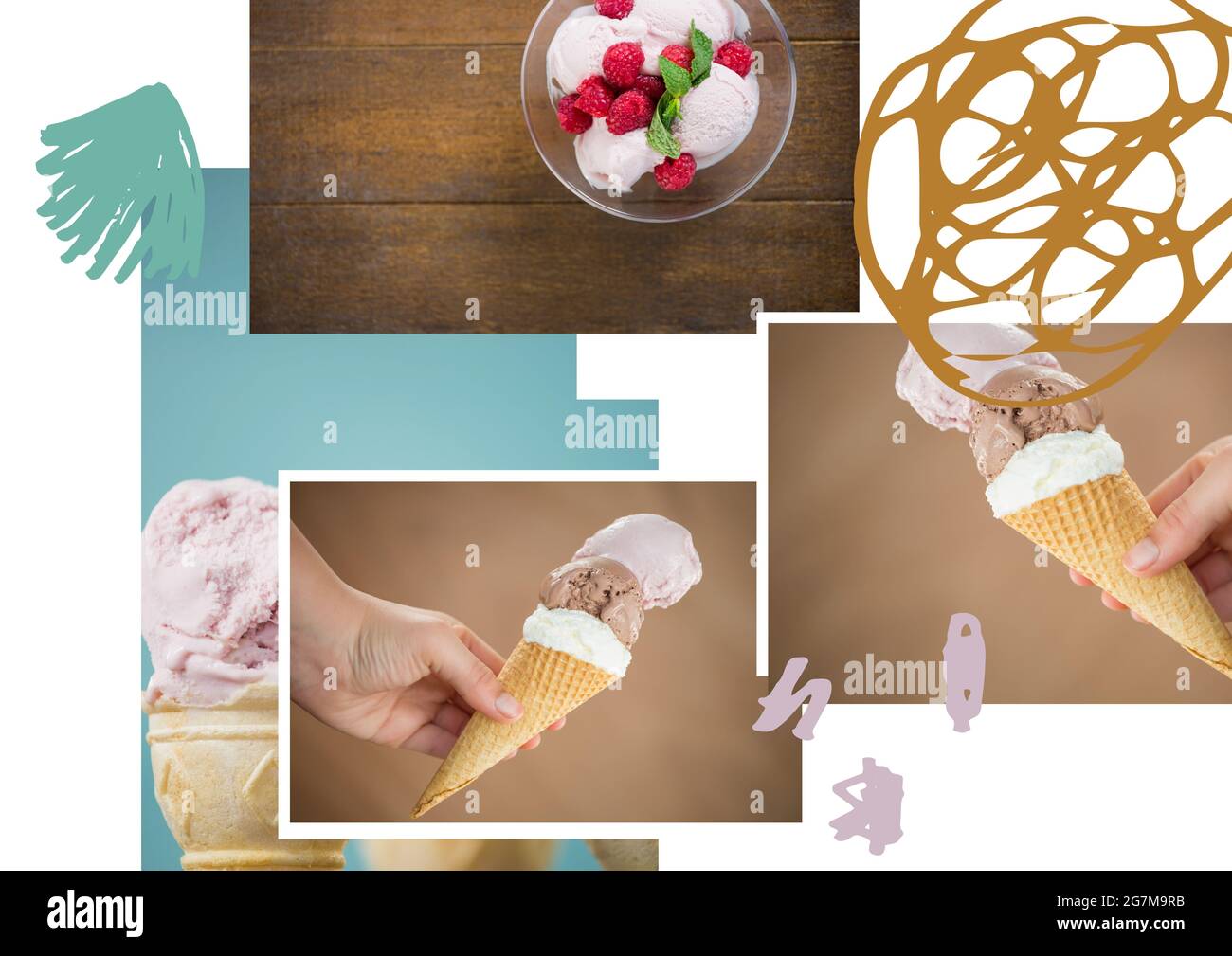Abstract shapes over collage of photos of ice-cream and dessert against ...