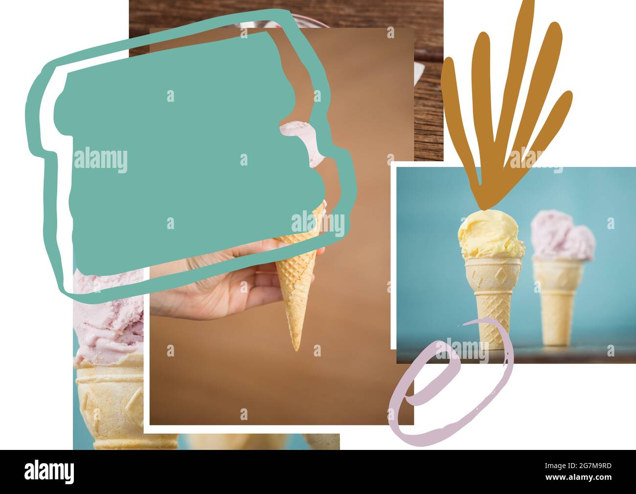 Abstract shapes over collage of photos of ice-cream and dessert against ...