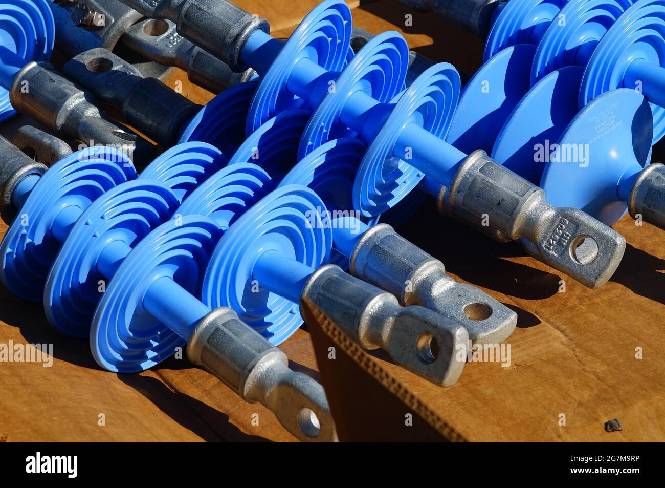 FRANKFURT, GERMANY - Jun 02, 2021: Insulators of an overhead line are ...