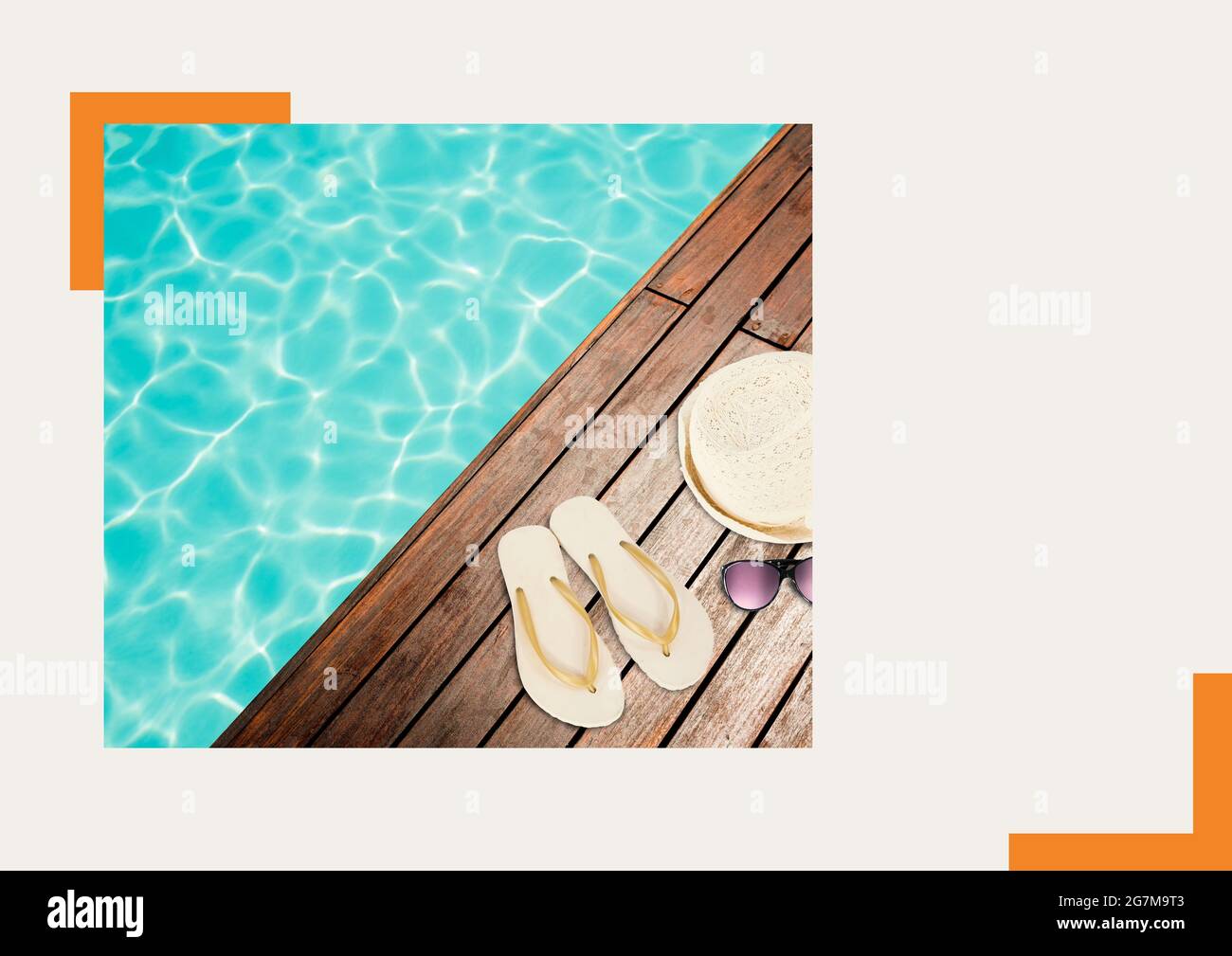 Photograph of flip flops, sunglasses and hat on wooden near the pool ...