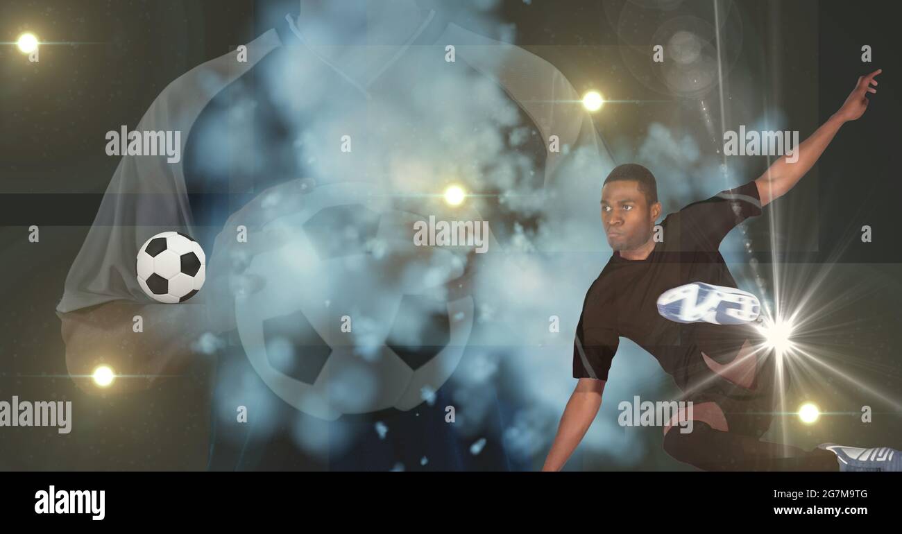 Smoke effect over two male soccer players in different poses against ...