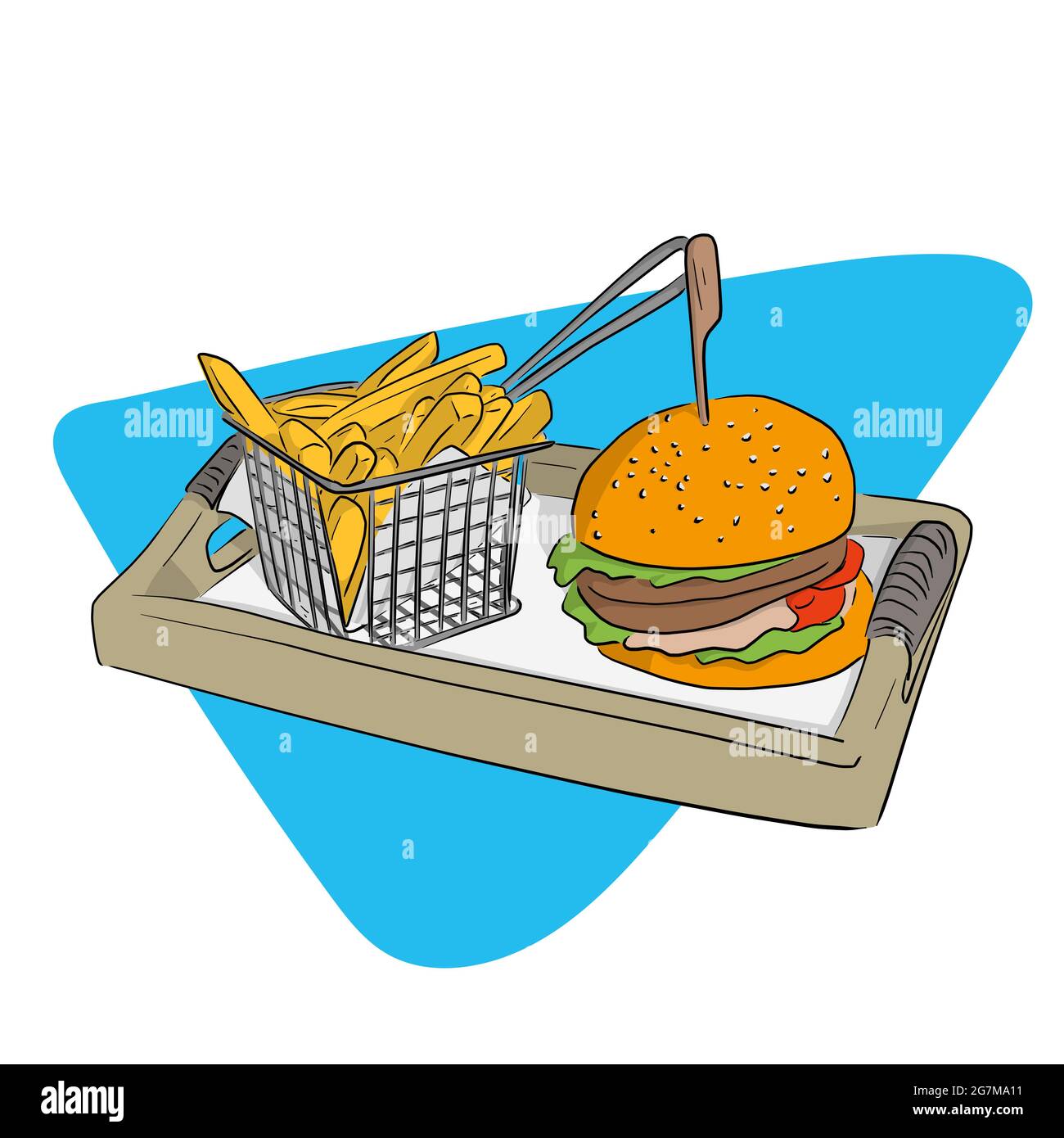 Fast food hamburger and french fries in basket on a wooden plate hand ...