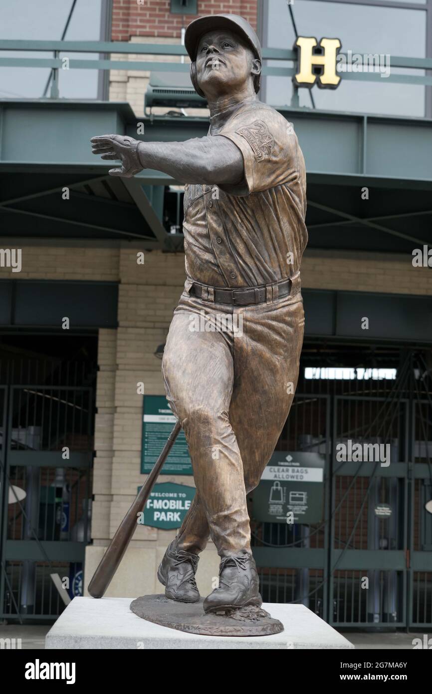 A statue of Ken Griffey Jr. at the home plate entrance of T-Mobile Park ...