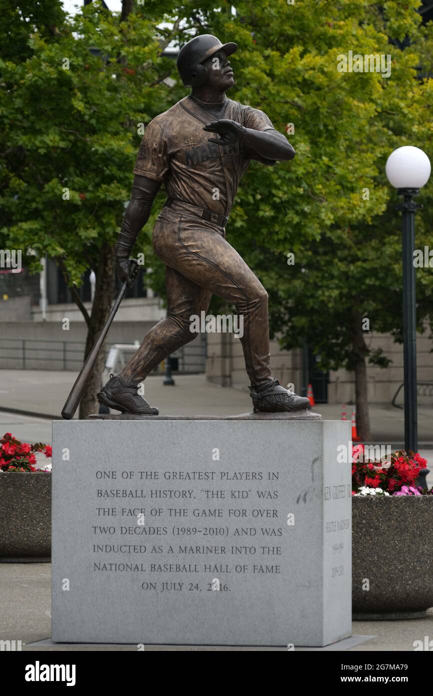 A statue of Ken Griffey Jr. at the home plate entrance of T-Mobile Park ...