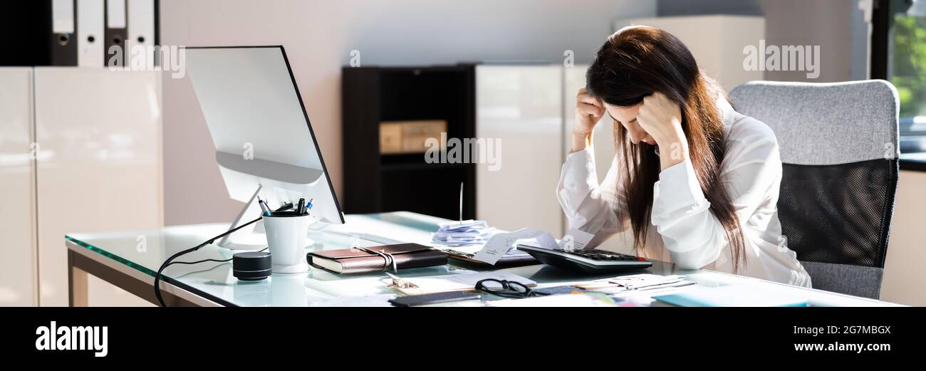 Lazy Sad And Stressed Woman Doing Tax In Office At Computer Stock Photo ...