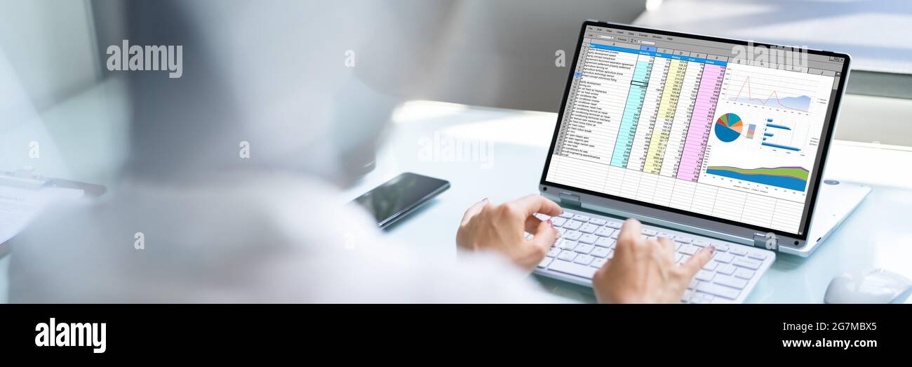Woman Working With Electronic Spreadsheet Reports On Screen Stock Photo ...