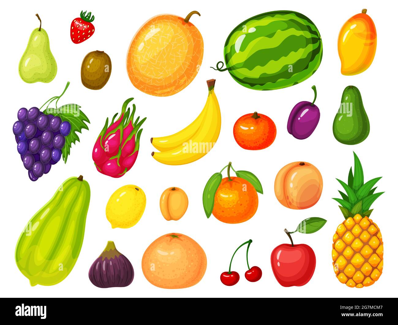 Cartoon fruits. Lemon, strawberry, banana, orange, apple, watermelon ...