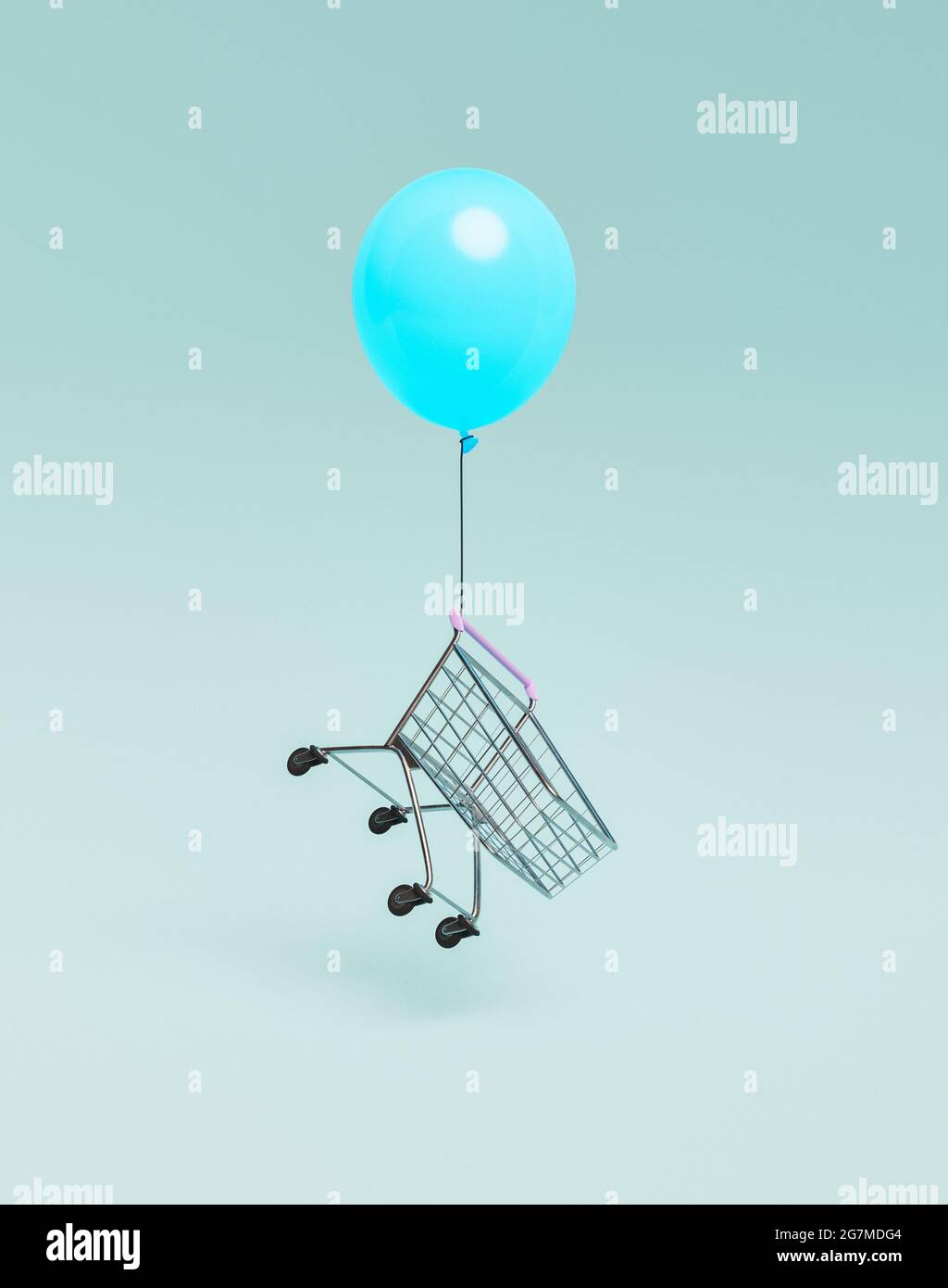 floating shopping cart held by a blue balloon. minimal concept. offers ...