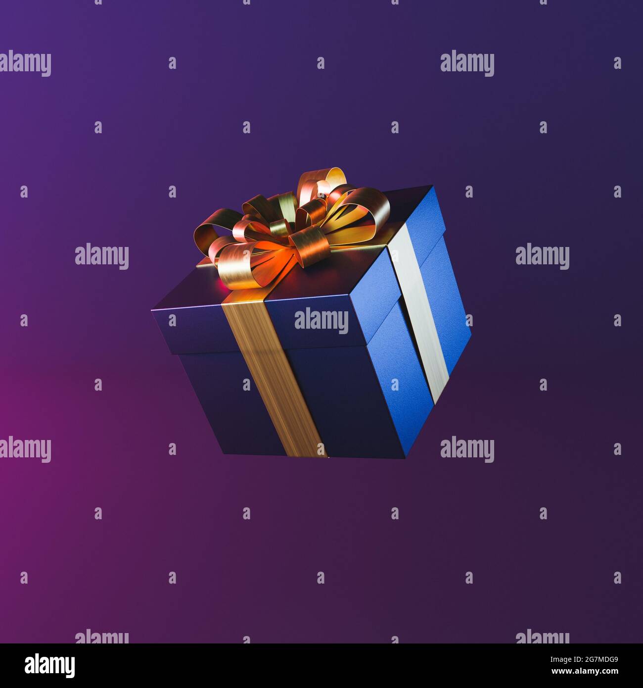 dark gift box floating with neon lighting and golden ribbon. minimal ...