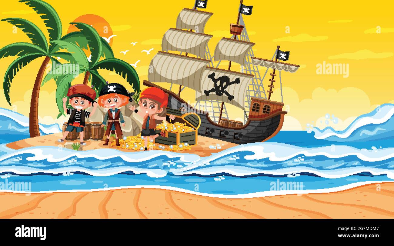 Treasure Island scene at sunset time with Pirate kids illustration ...
