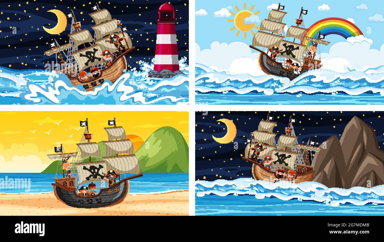 Set of different beach scenes with pirate ship and pirate cartoon ...