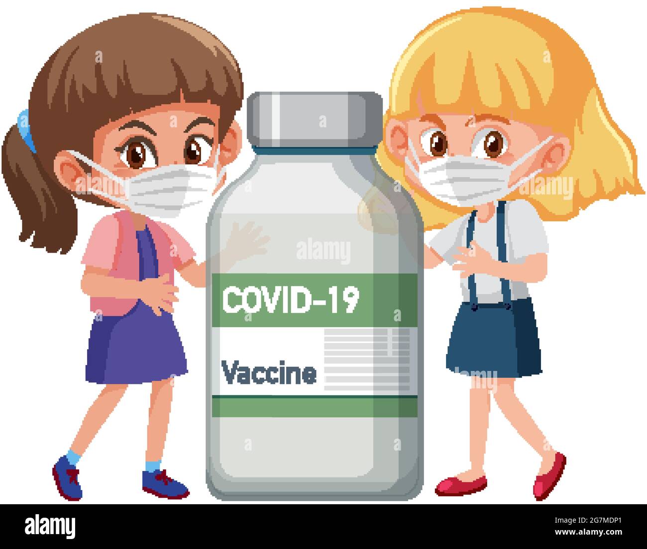 Cartoon character of girls wearing mask standing with covid-19 vaccine ...