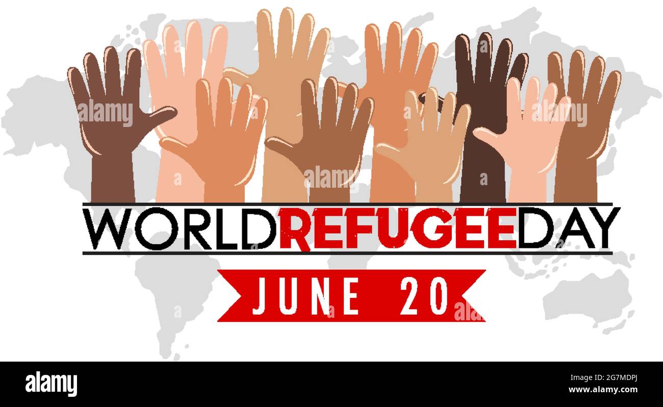 World Refugee Day banner with many different colour hands illustration ...