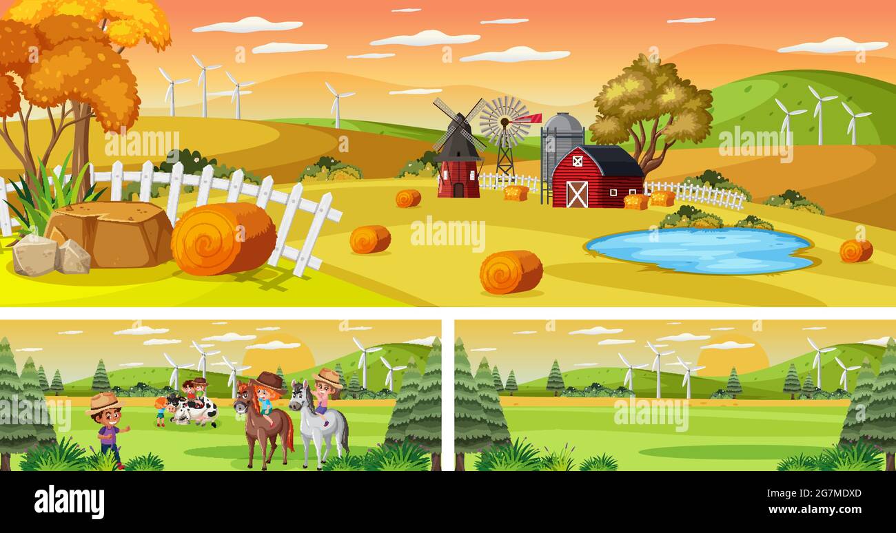 Set of different outdoor landscape scenes with cartoon character ...