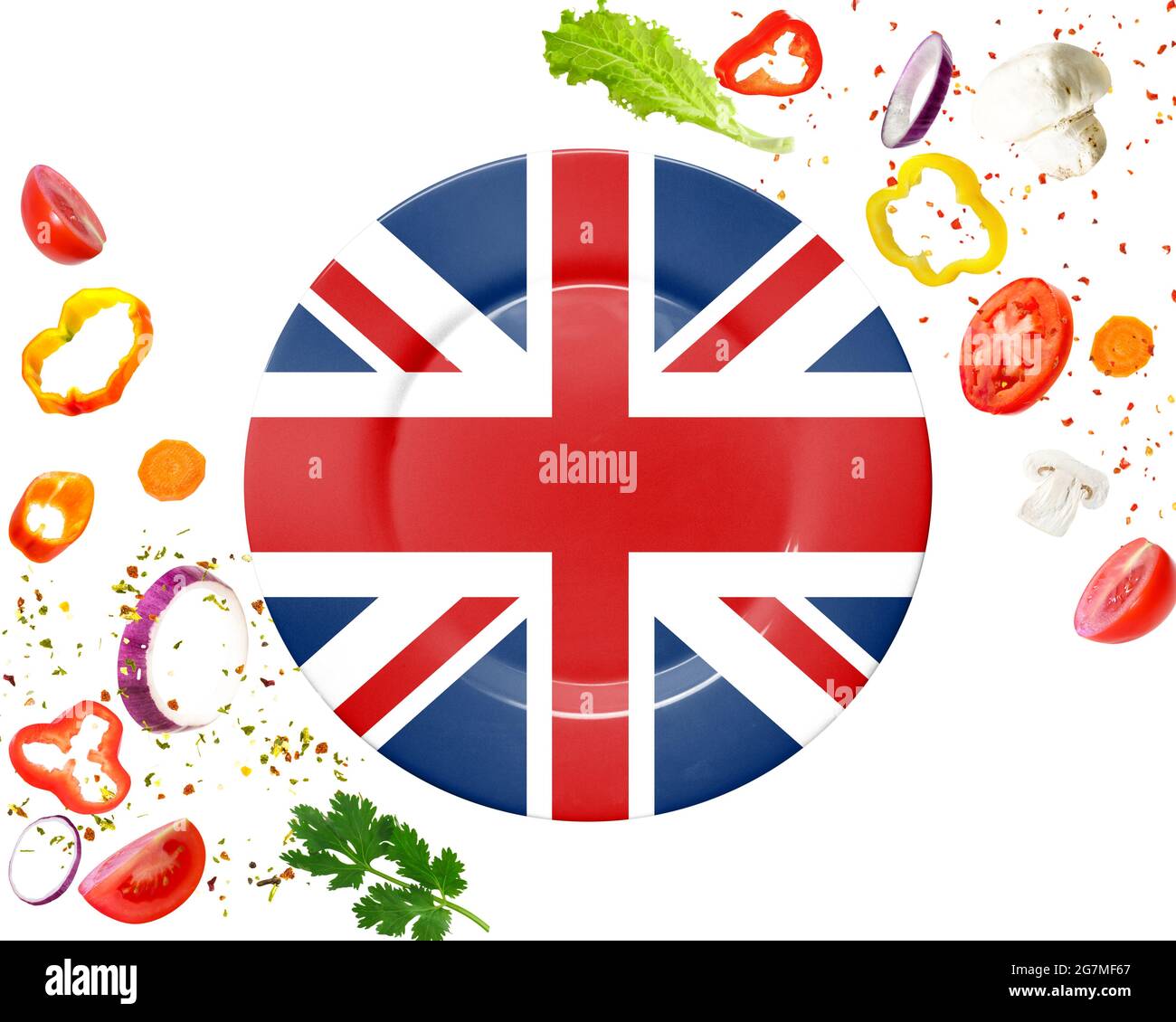 vegetables with painted flag of United Kingdom on plate isolated on ...