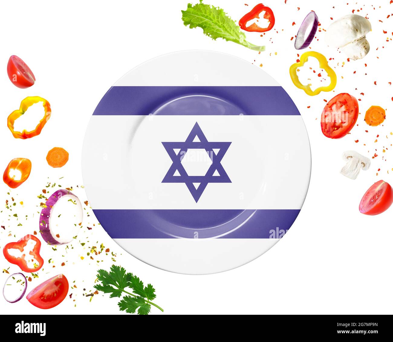 vegetables with painted flag of Israel on plate isolated on white ...