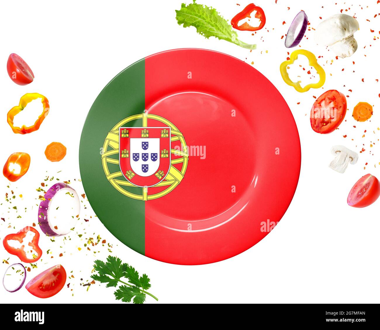vegetables with painted flag of Portugal on plate isolated on white ...