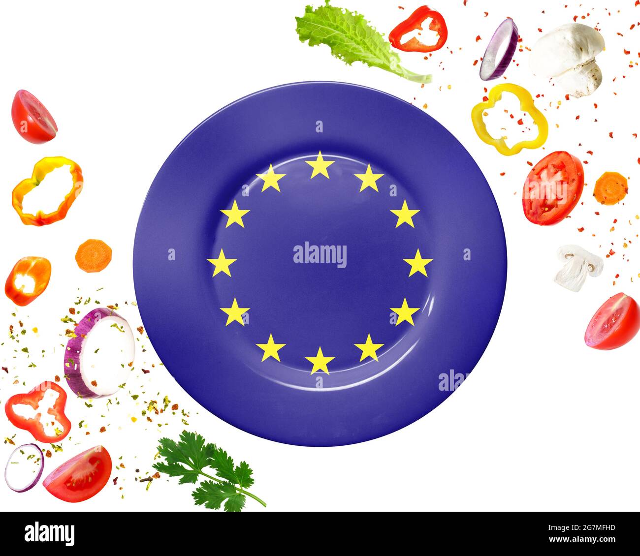 vegetables with painted flag of European Union on plate isolated on ...
