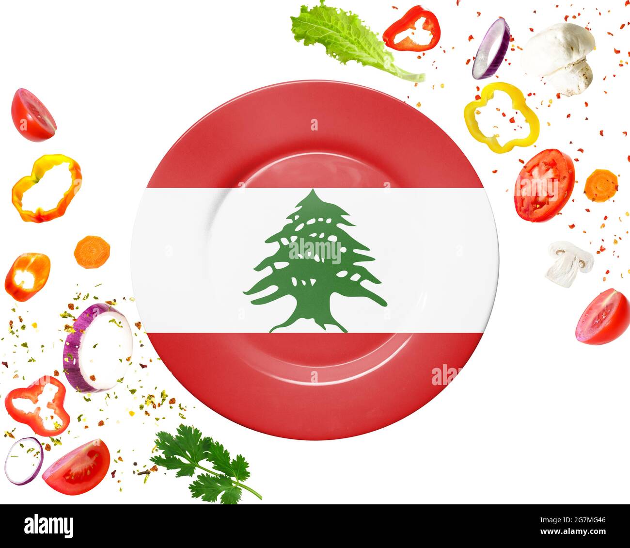 vegetables with painted flag of Lebanon on plate isolated on white ...