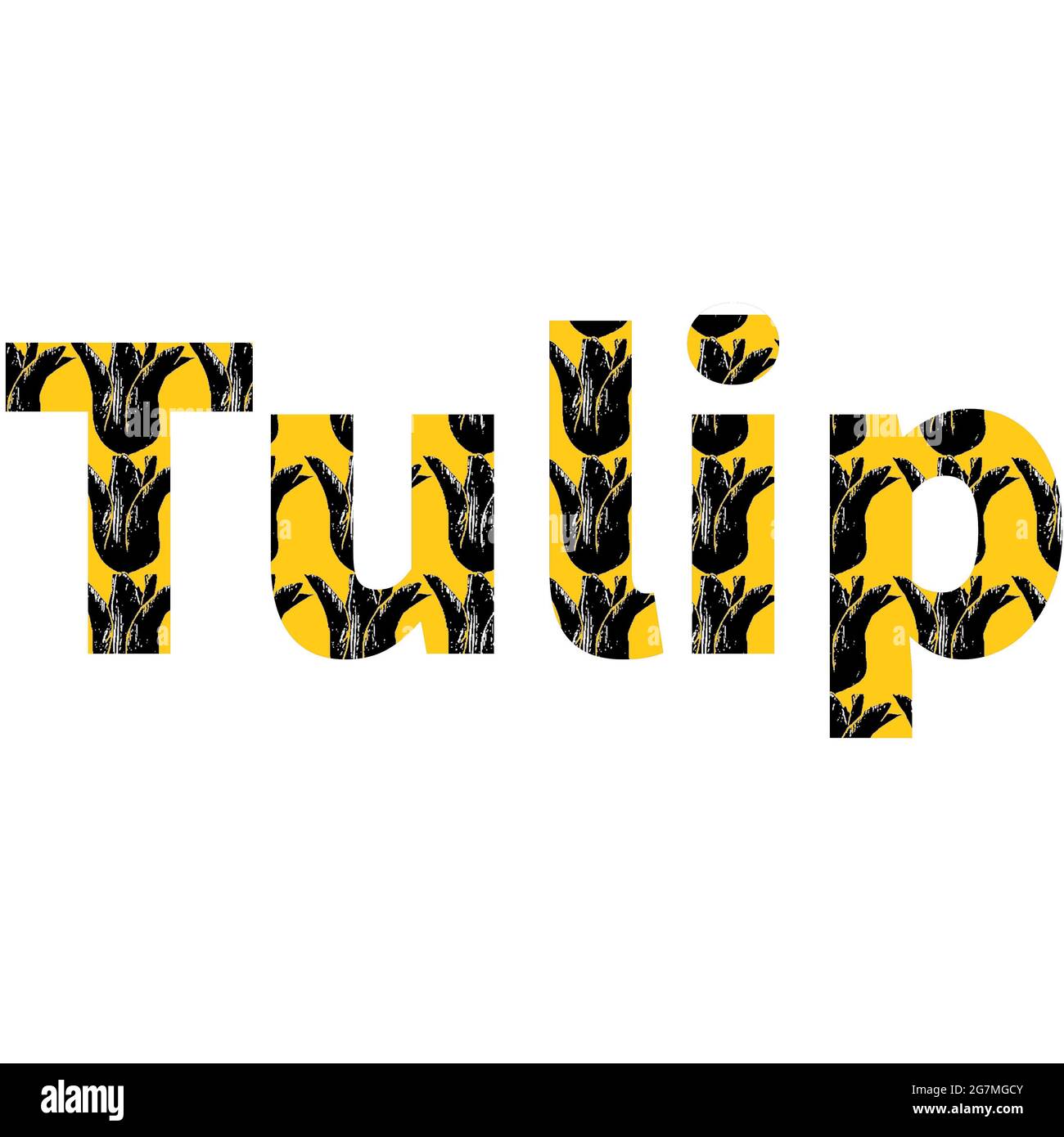 TULIP; text made with letters with a pattern of black tulip on a yellow ...
