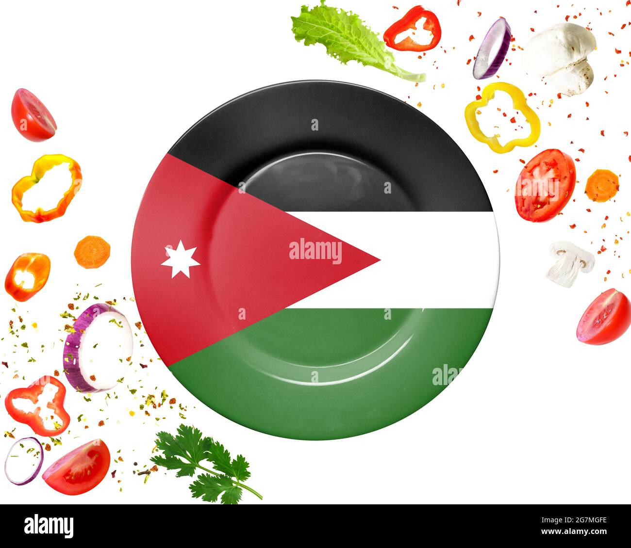 vegetables with painted flag of Jordan on plate isolated on white ...