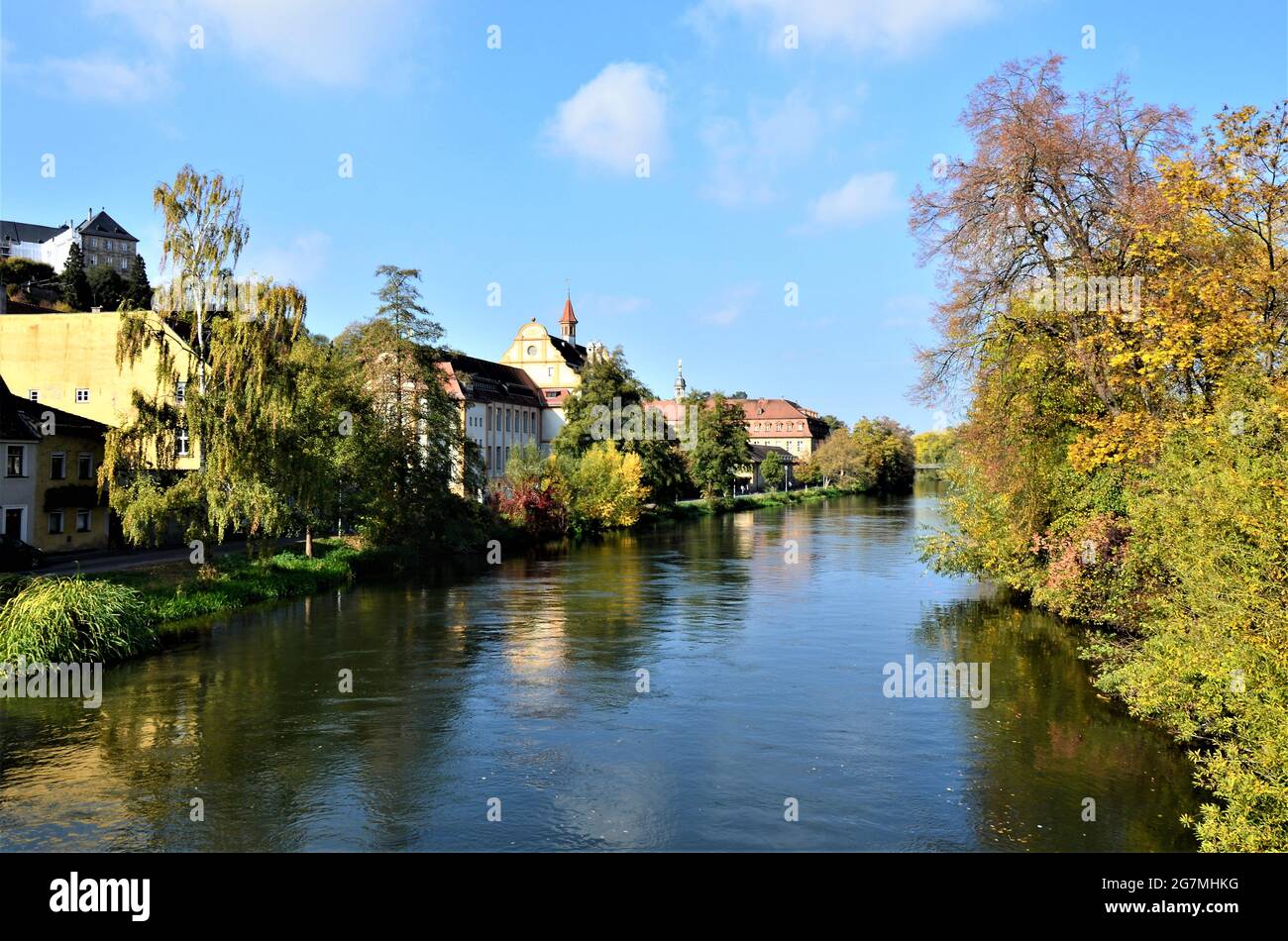 The historic quarter on the shore of Regnitz river at Bamberg, Germany ...