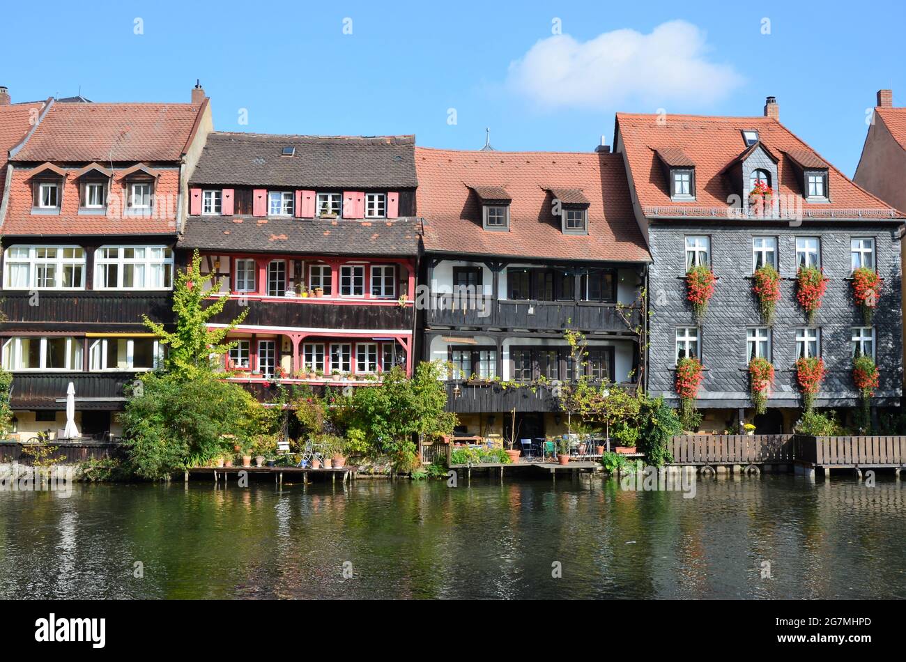 The historic quarter on the shore of Regnitz river at Bamberg, Germany ...