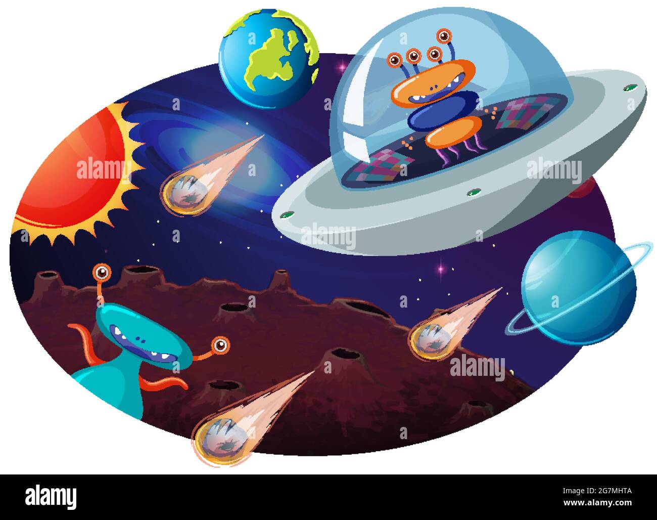 Alien in UFO with many planets and asteroids illustration Stock Vector ...