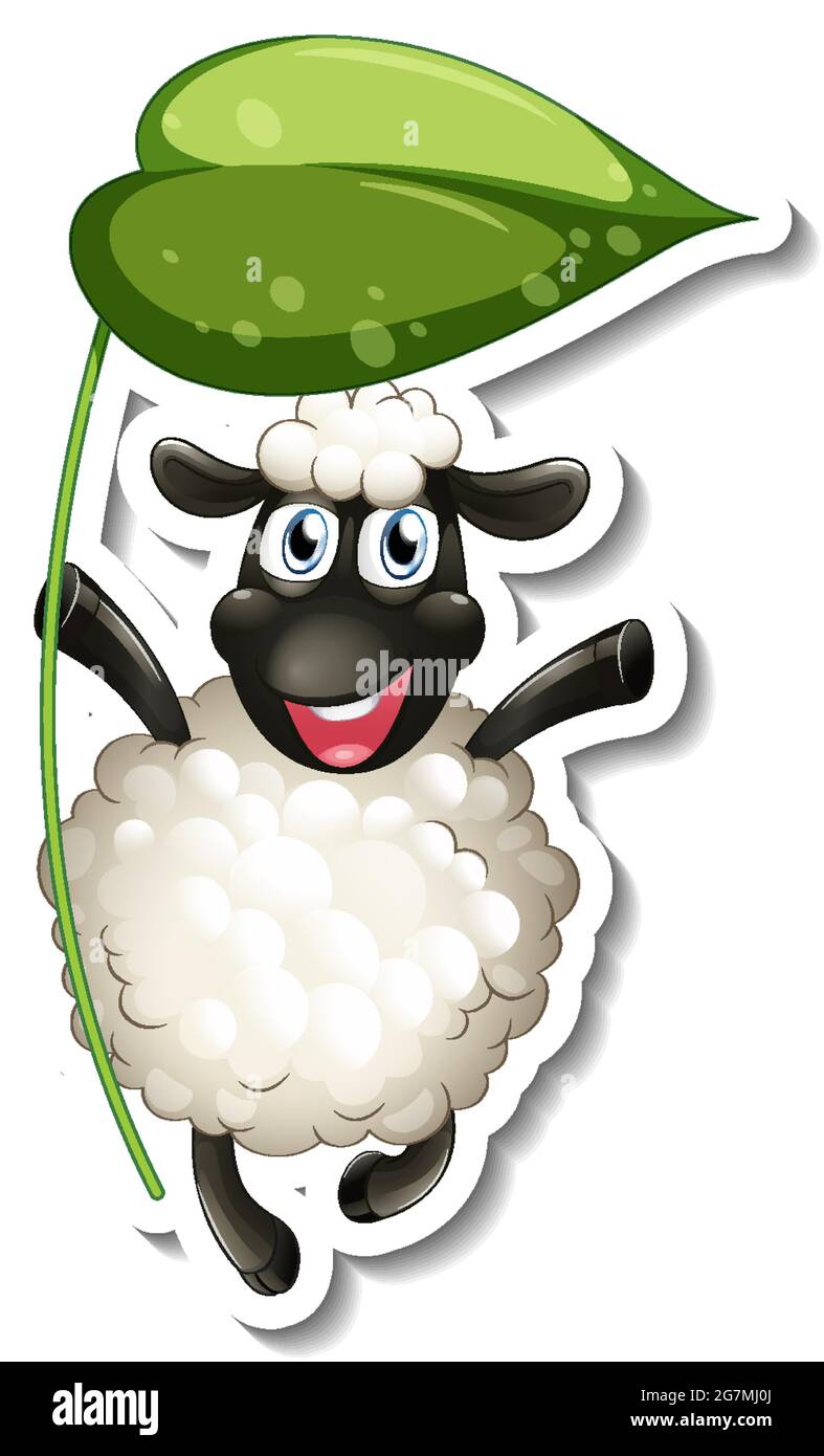 Sticker template with cartoon character of a sheep holding a leaf ...