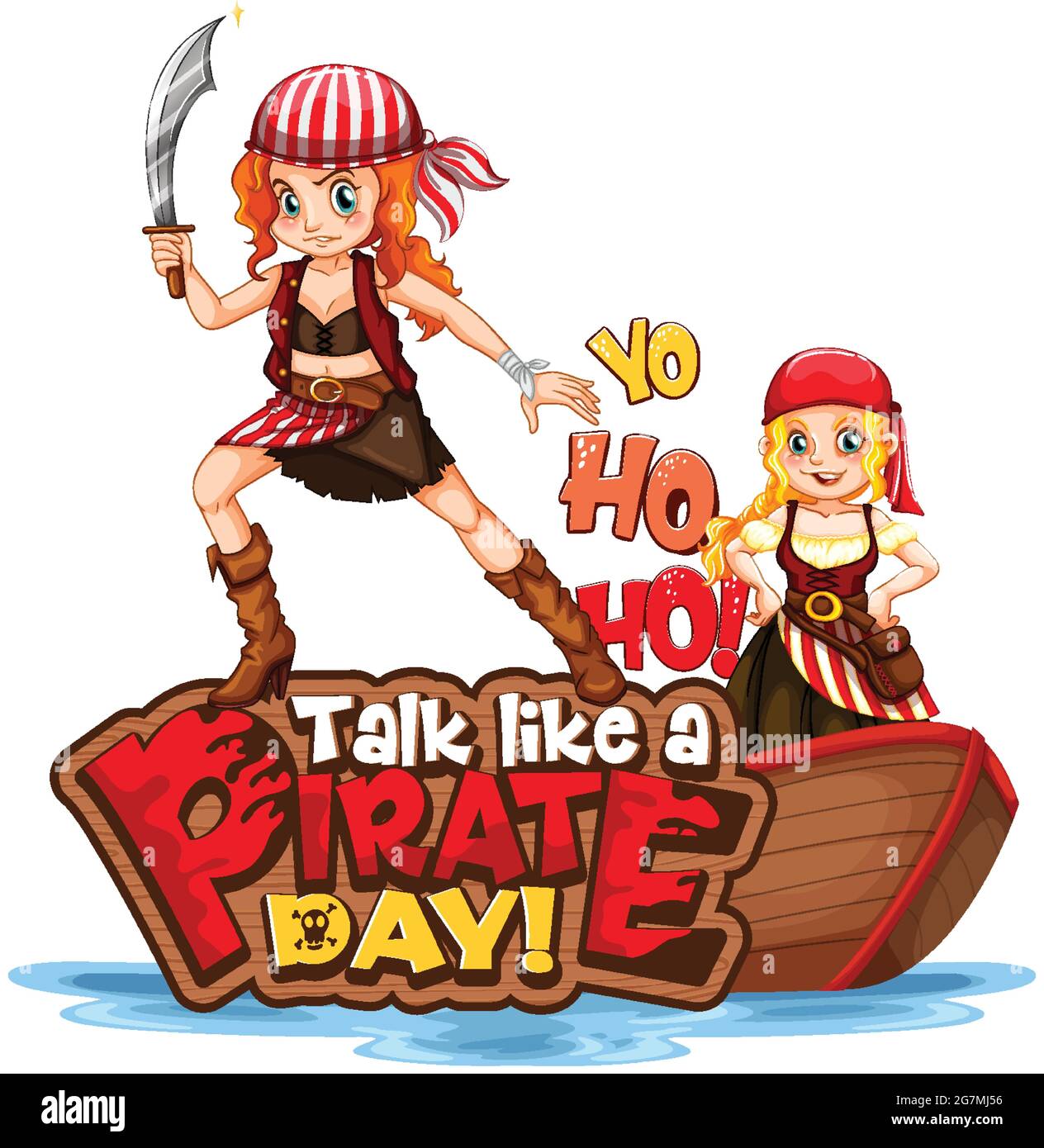 Talk Like A Pirate Day font banner with pirate girl cartoon character ...