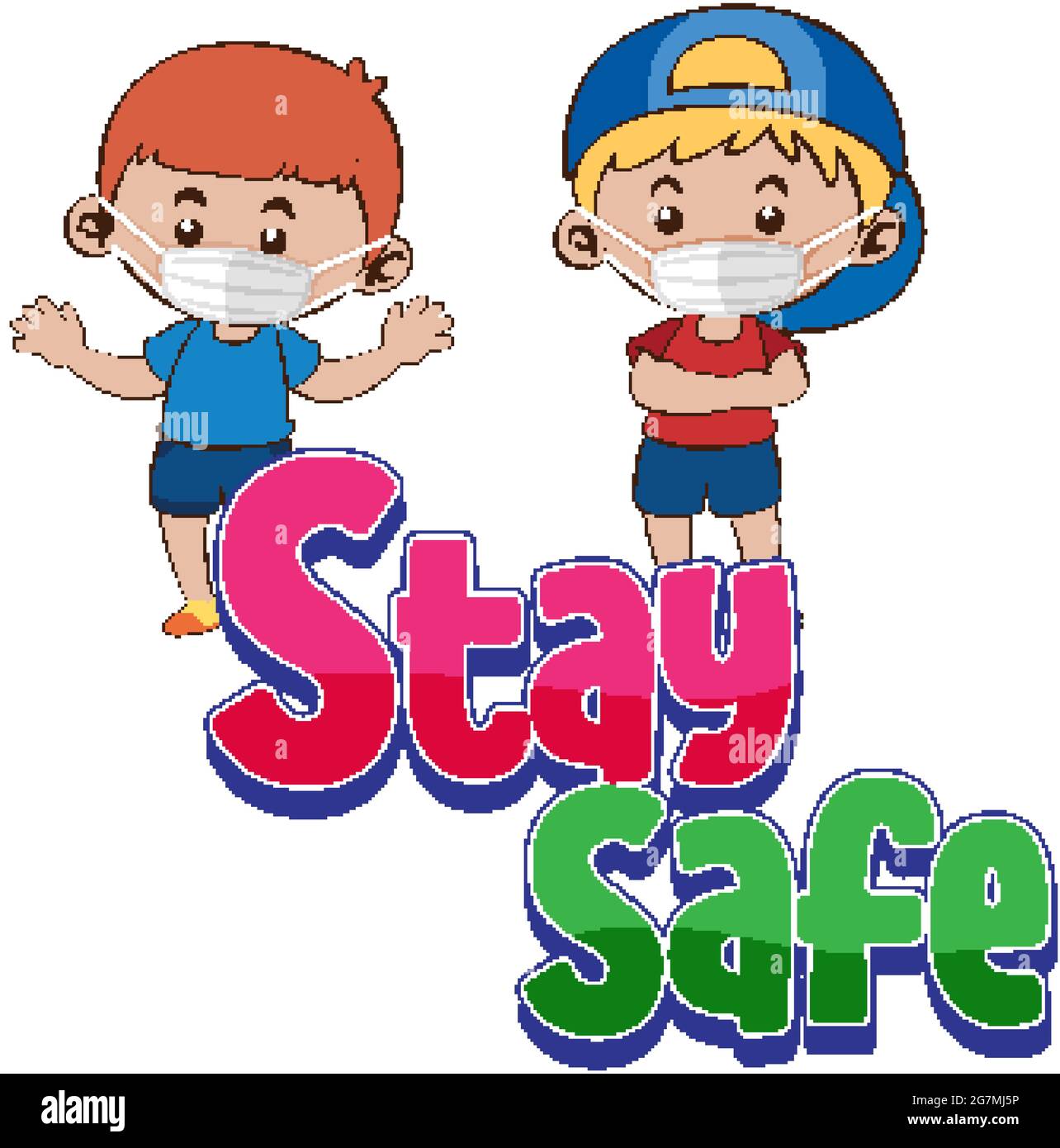 Stay Safe font with two boys wearing mask isolated illustration Stock ...
