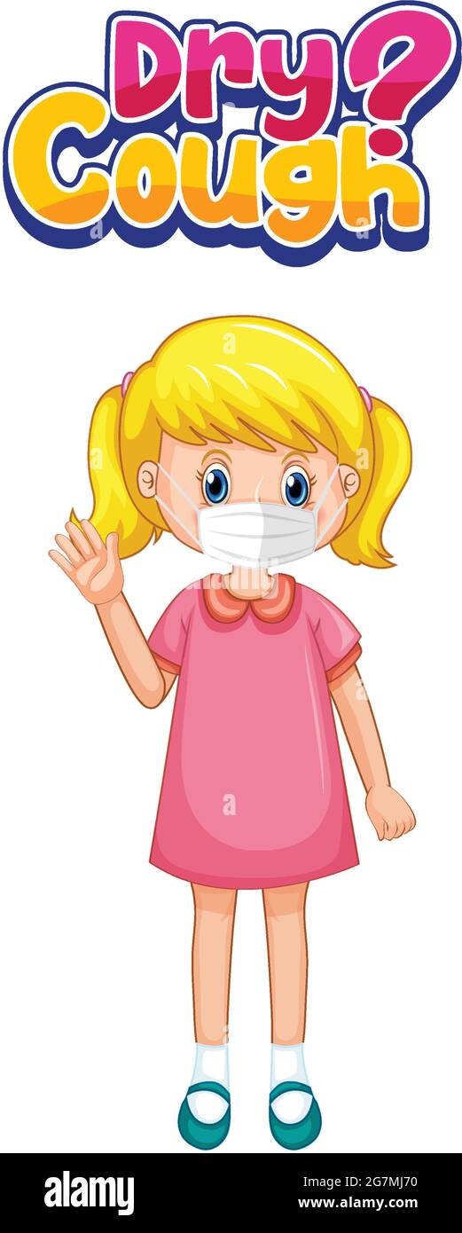Dry Cough font design with a girl wearing medical mask on white ...