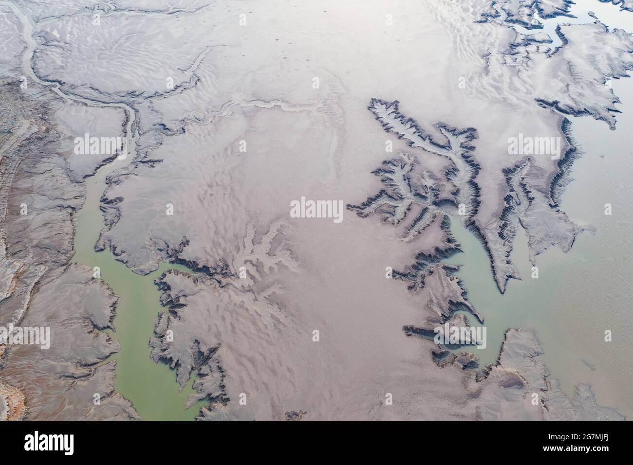 Photo taken from aerial view shows the yellow river in Mengjing County ...