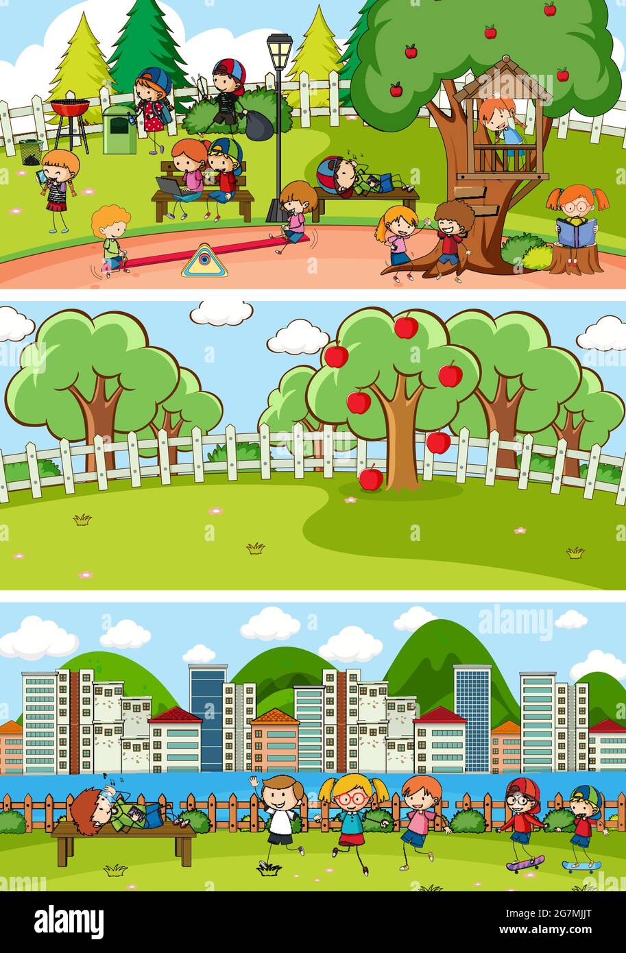 Set of different horizontal scenes background with doodle kids cartoon ...