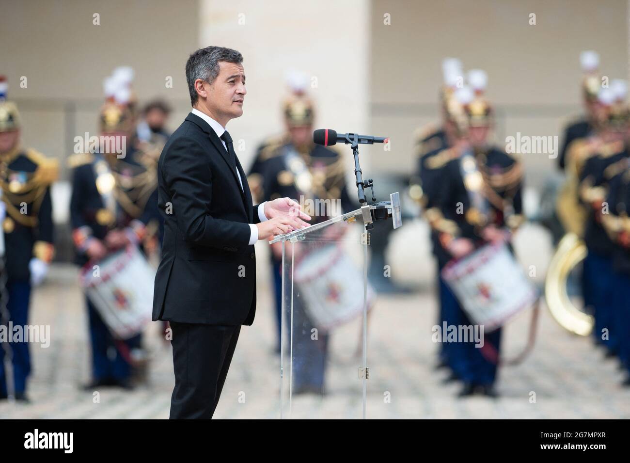French Minister of Interior Gerald Darmanin delivers a speech during ...