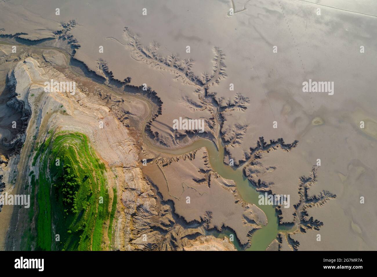 Photo taken from aerial view shows the yellow river in Mengjing County ...