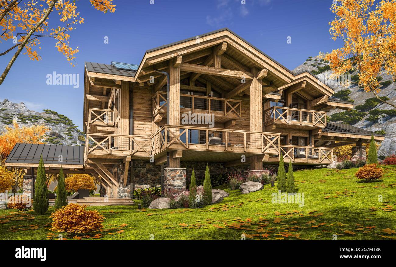 3d rendering of modern cozy chalet with pool and parking for sale or ...