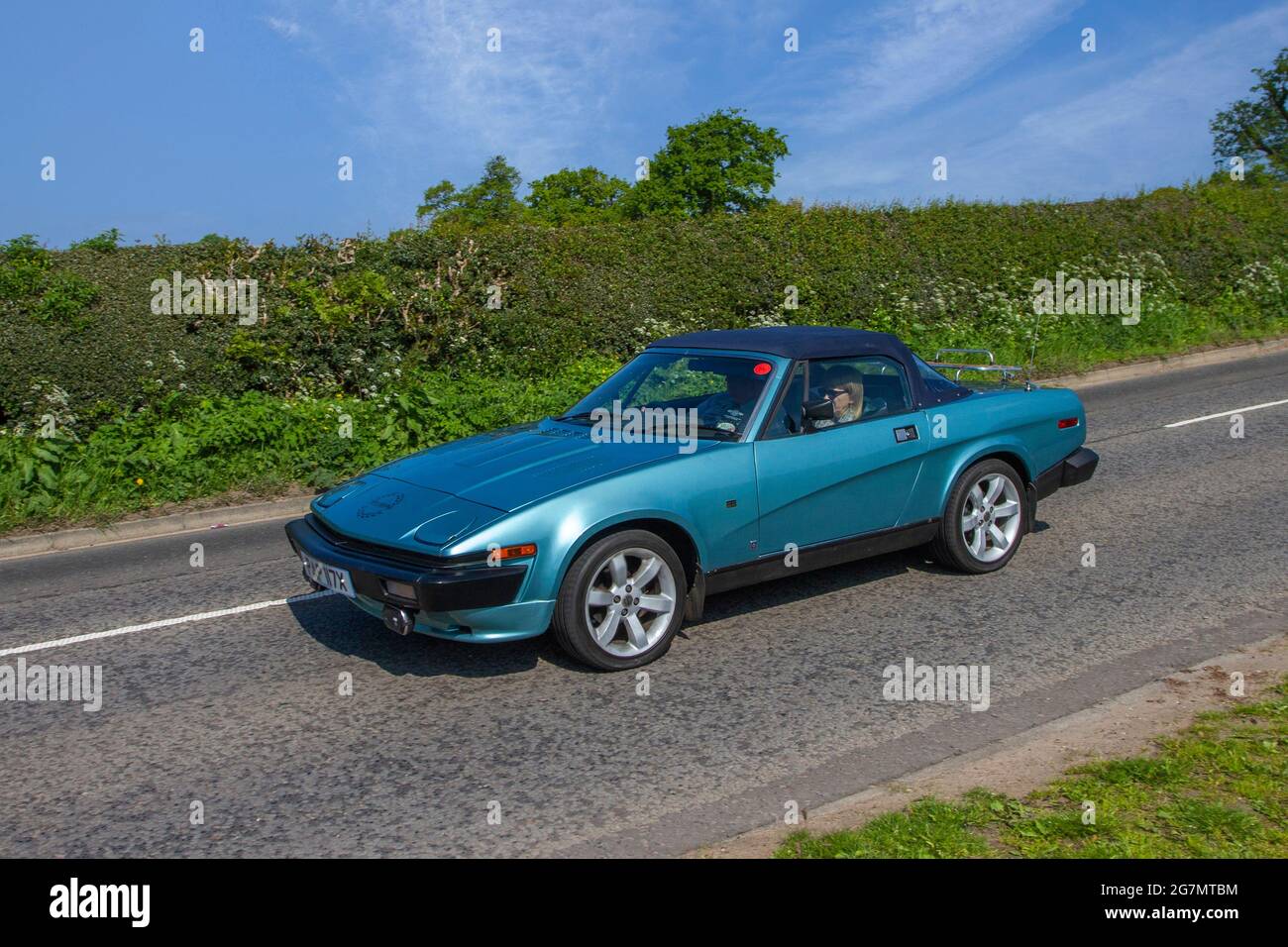 1981 80s blue Triumph TR7 convertible, 3900cc petrol cabrio, en-route ...