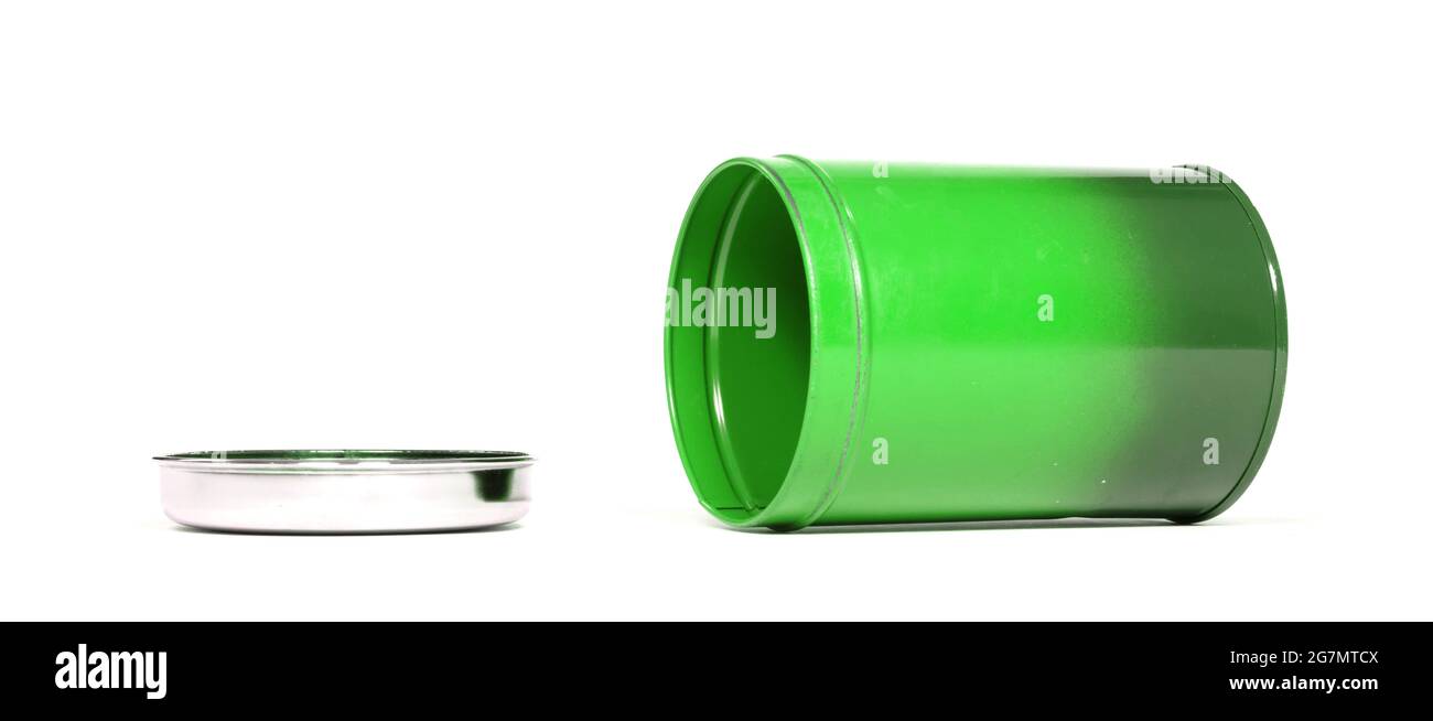 Old green tin can, isolated on white background Stock Photo - Alamy