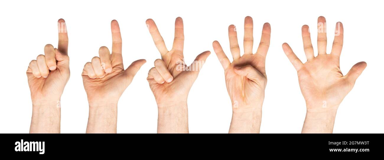 One to five fingers count hand gesture isolated on white background Stock Photo - Alamy