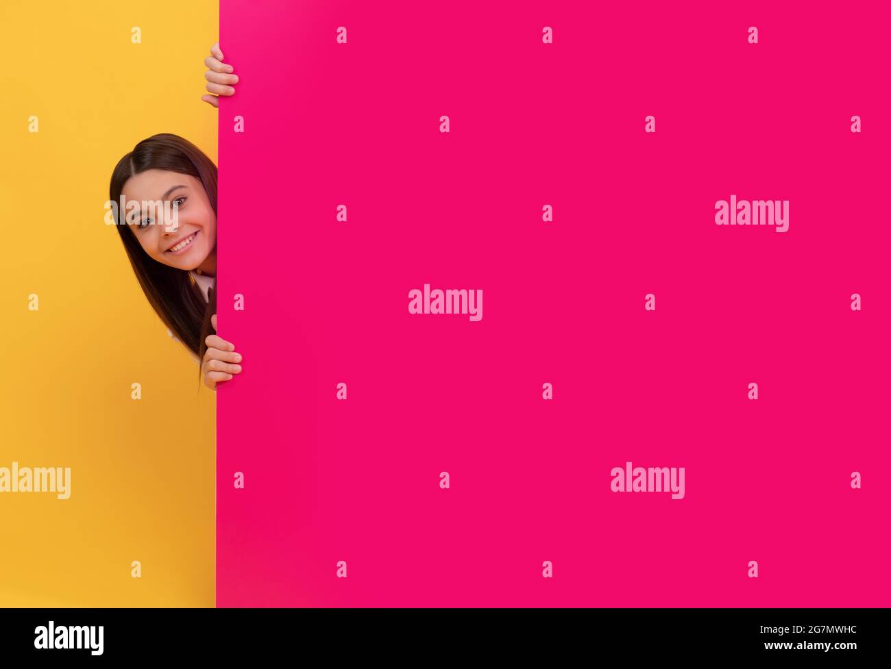 your marketing design. smiling teen girl with advertisement banner. kid ...