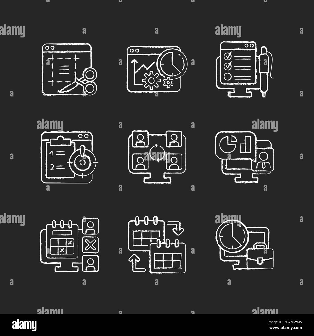 Work monitoring tools chalk white icons set on dark background Stock ...