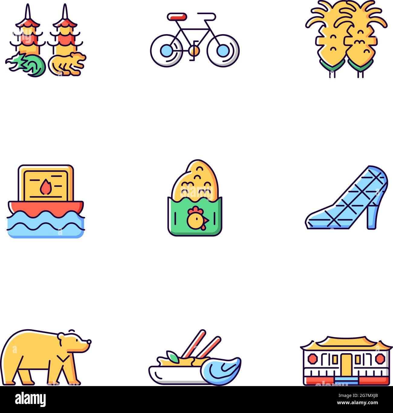 Oriental RGB color icons set. Isolated vector illustrations Stock ...