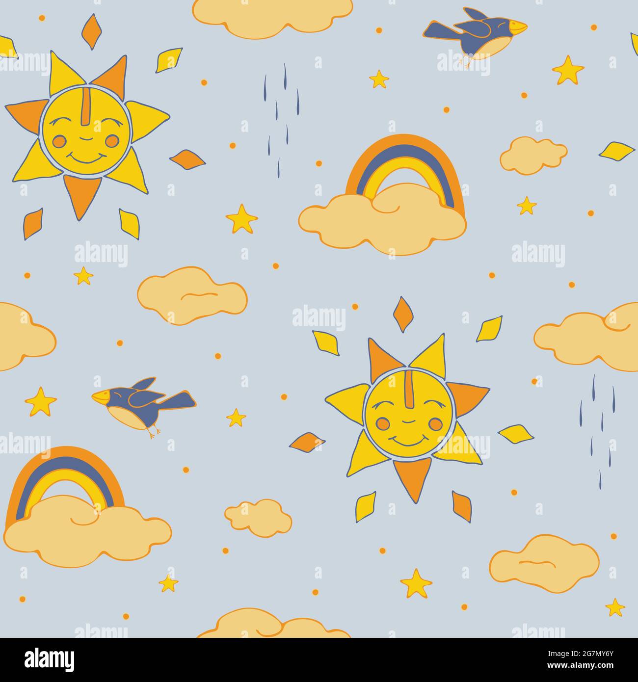 Seamless vector pattern with hand drawn sun and clouds on blue ...