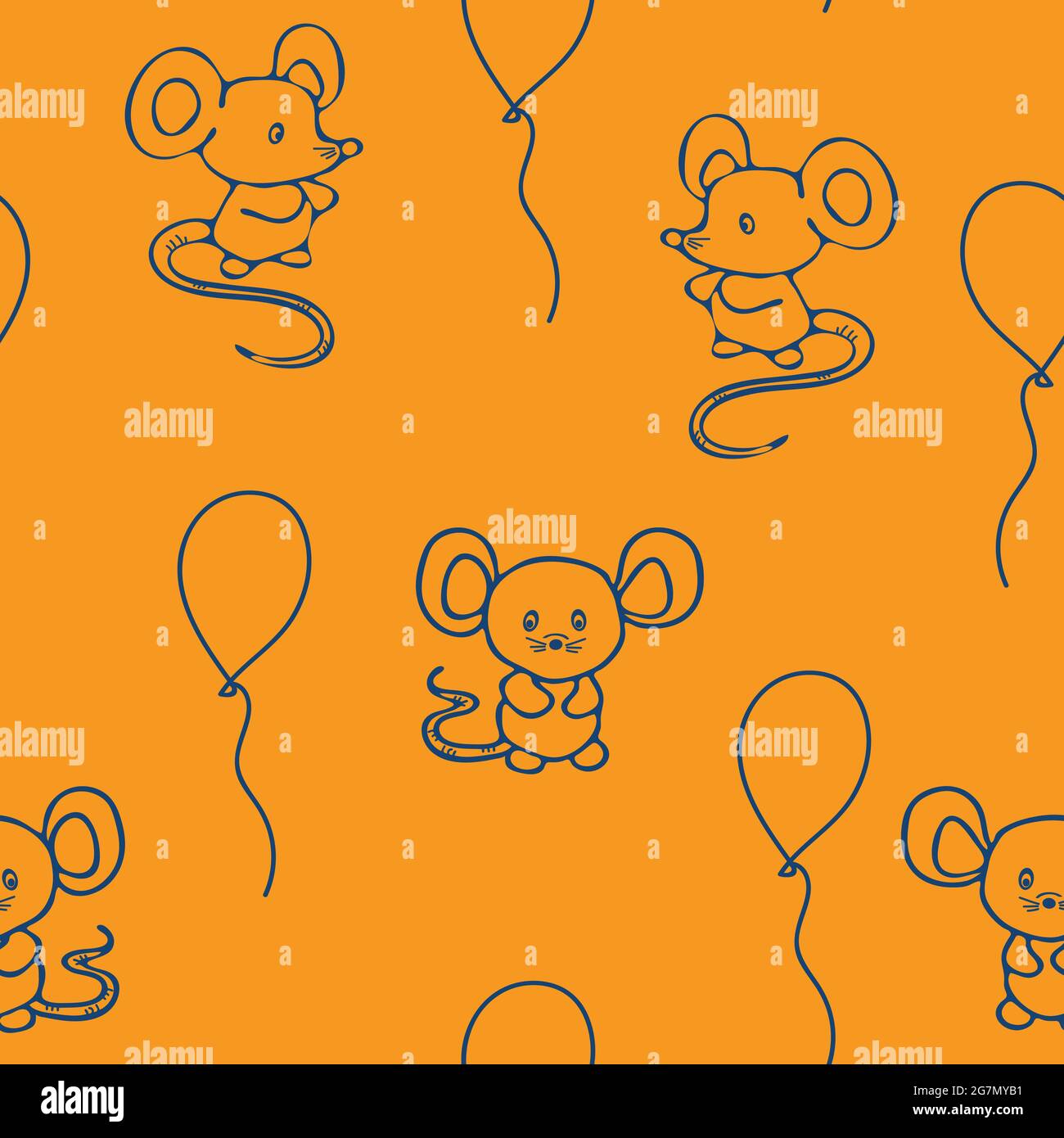 Seamless vector pattern with out lined mice and balloons on mustard ...