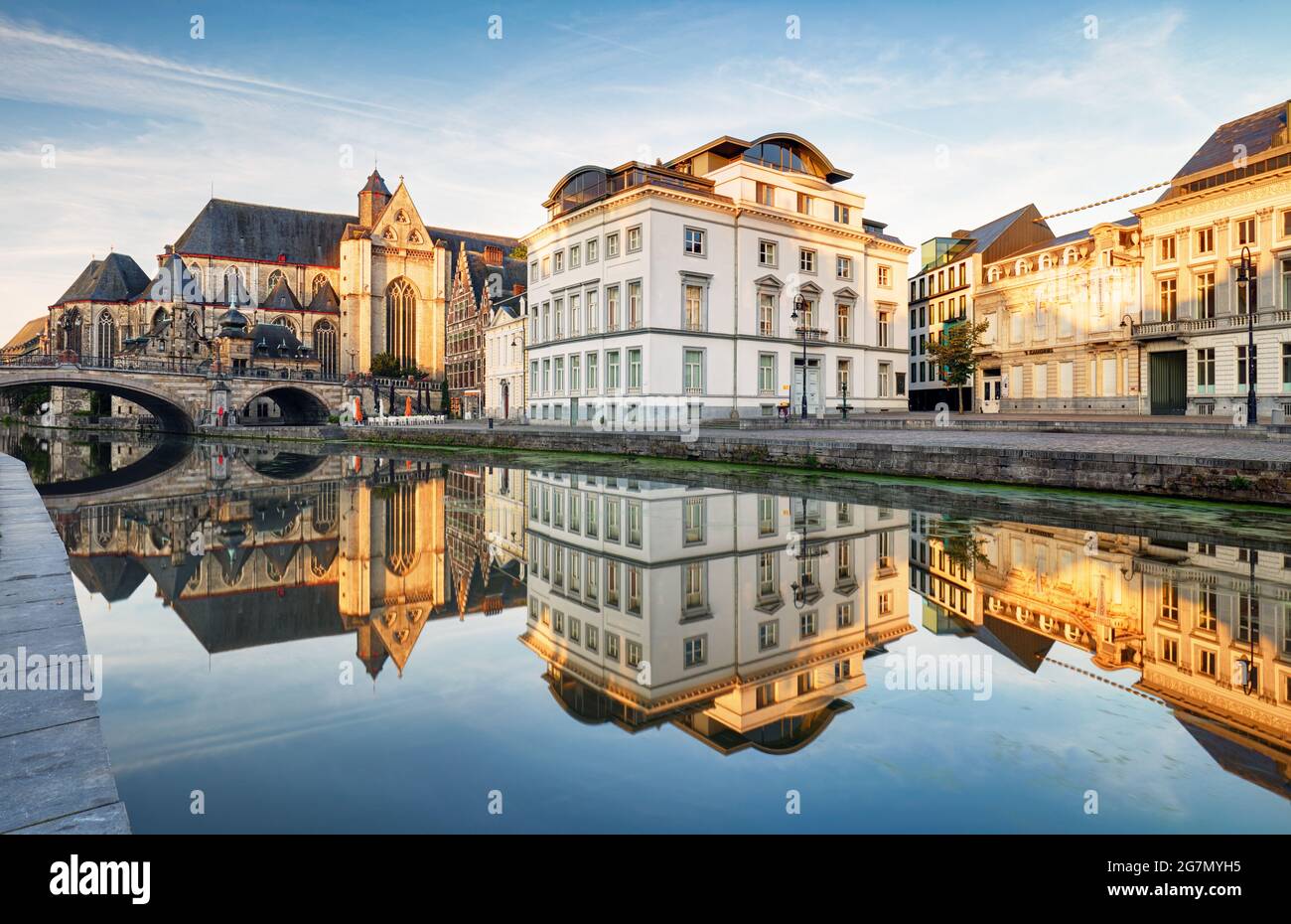 Belgium, Ghent - canal and medieval buildings in popular touristic city ...