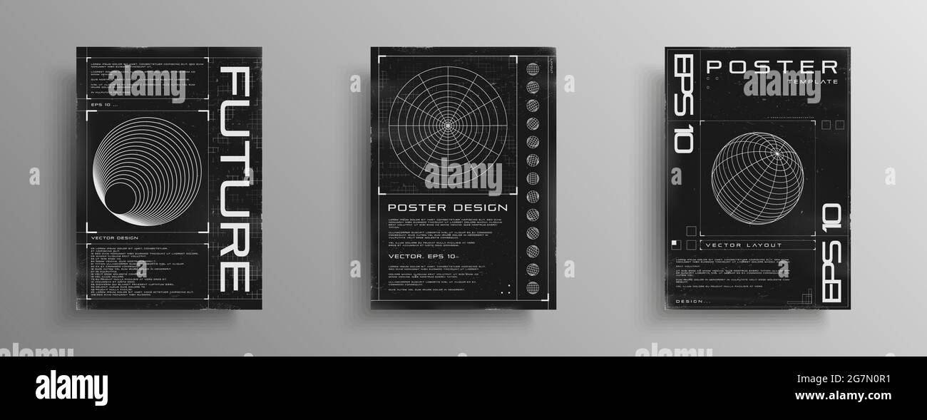 Set of retrofuturistic posters with HUD elements, radial figure, polar ...