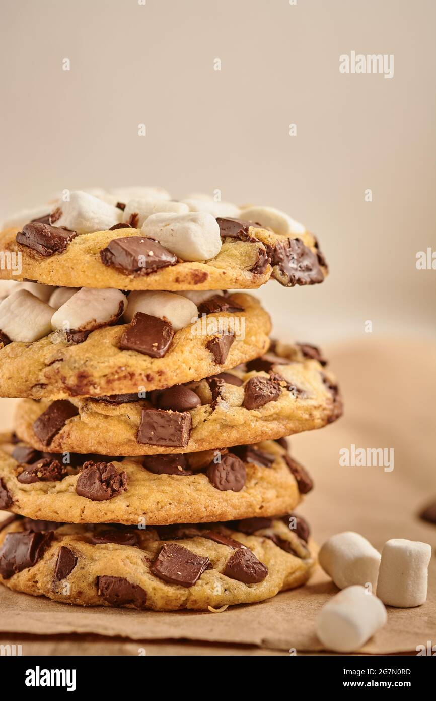 Vertical closeup of chocolate chip cookies with marshmallows Stock ...